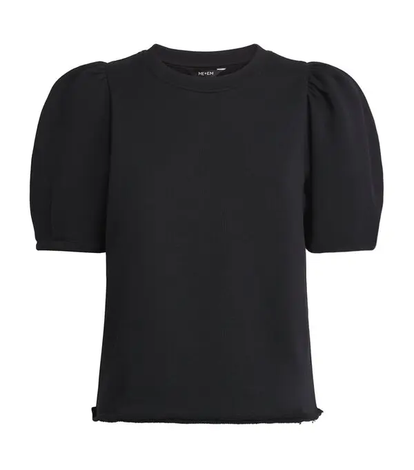 ME+EM Organic Cotton-blend Puff-sleeve Top - Black