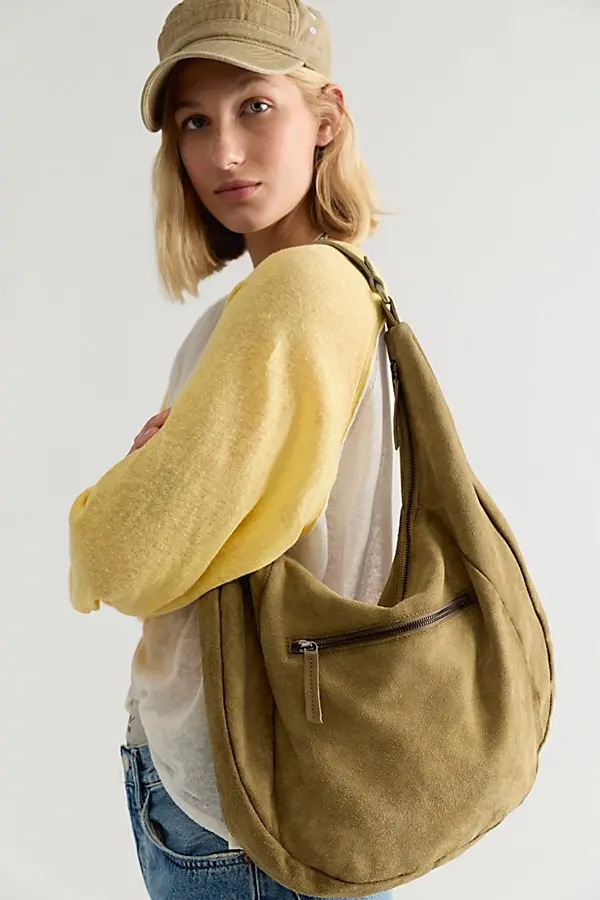 Free People Faith Half Moon Suede Bag - Khaki