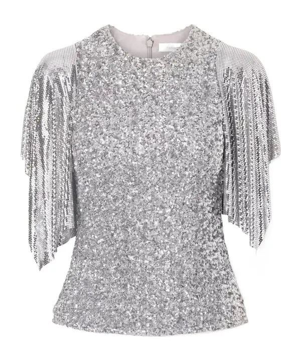 Rabanne Chainmail-trimmed Sequined Mesh Blouse