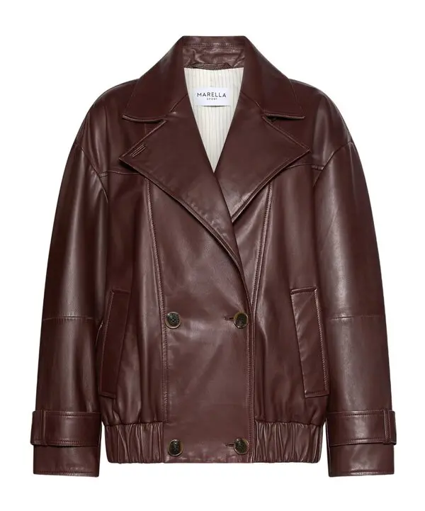 Marella Long-sleeve Leather Jacket With Lapel Collar - Wine Red