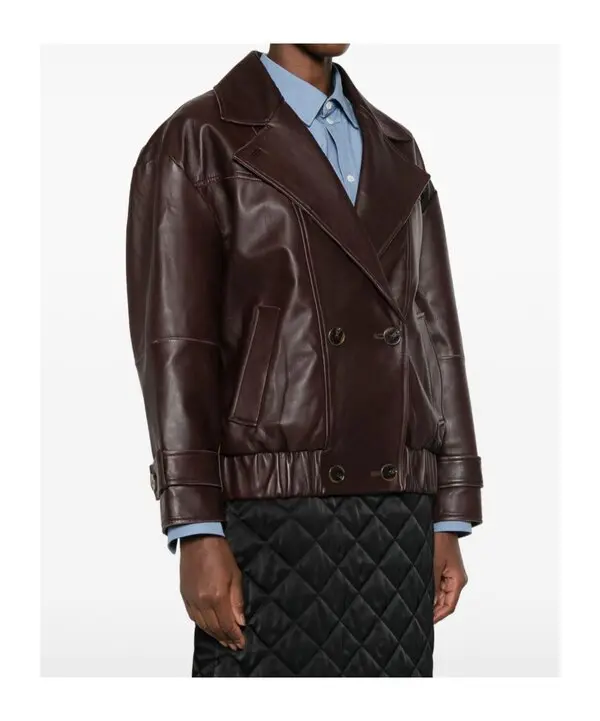 Marella Long-sleeve Leather Jacket With Lapel Collar - Wine Red