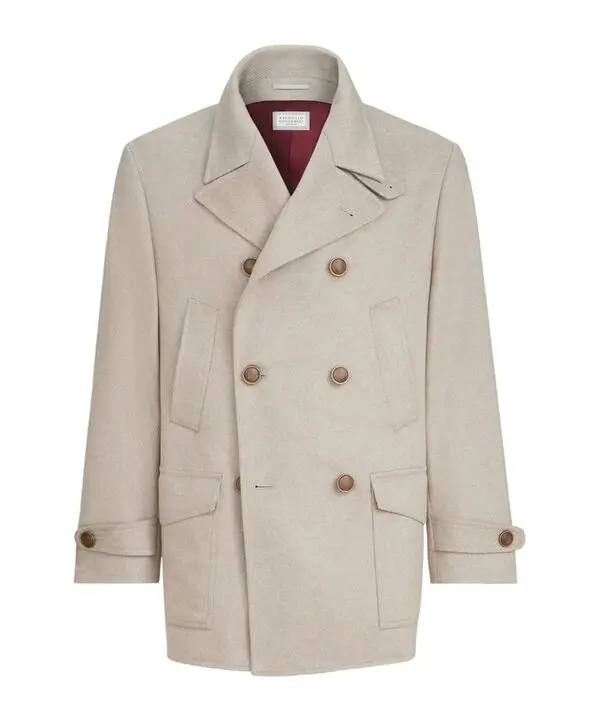 Brunello Cucinelli Cashmere Chevron Flannel Four-pocket Pea Coat - Sand-colored