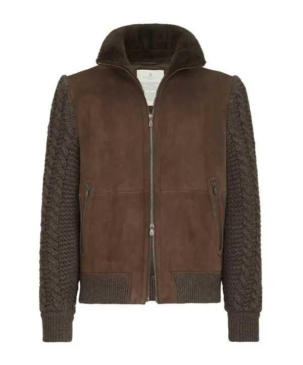 Brunello Cucinelli Suede Shearling And Cashmere Knit Bomber Jacket With Thermore Padding