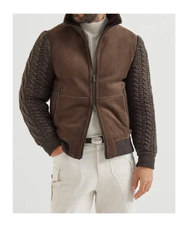 Brunello Cucinelli Suede Shearling And Cashmere Knit Bomber Jacket With Thermore Padding