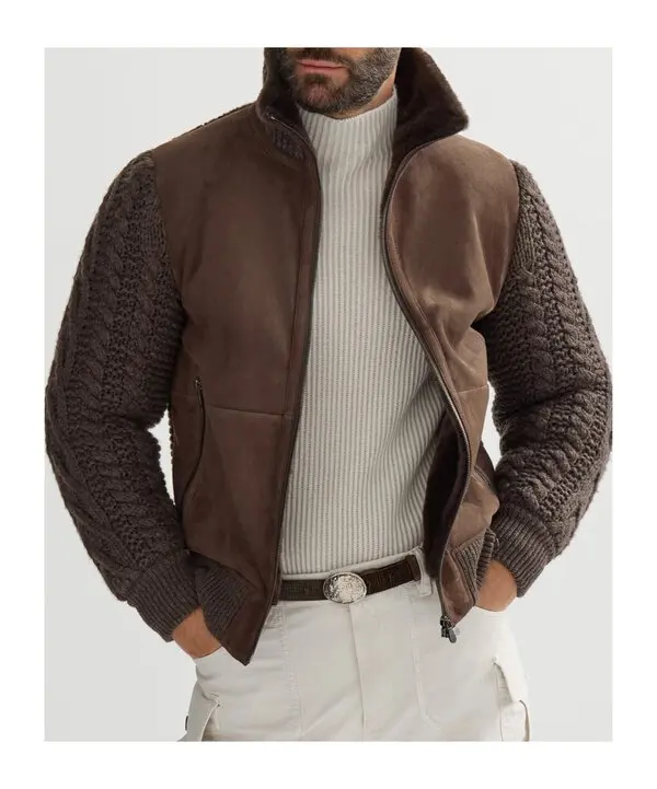 Brunello Cucinelli Suede Shearling And Cashmere Knit Bomber Jacket With Thermore Padding