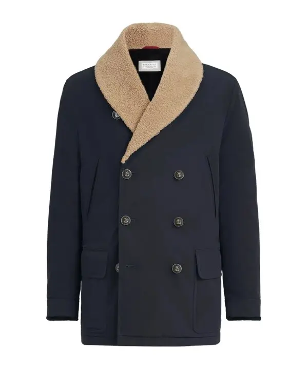 Brunello Cucinelli Bonded Nylon Double-breasted Coat With Shearling Lining - Navy Blue