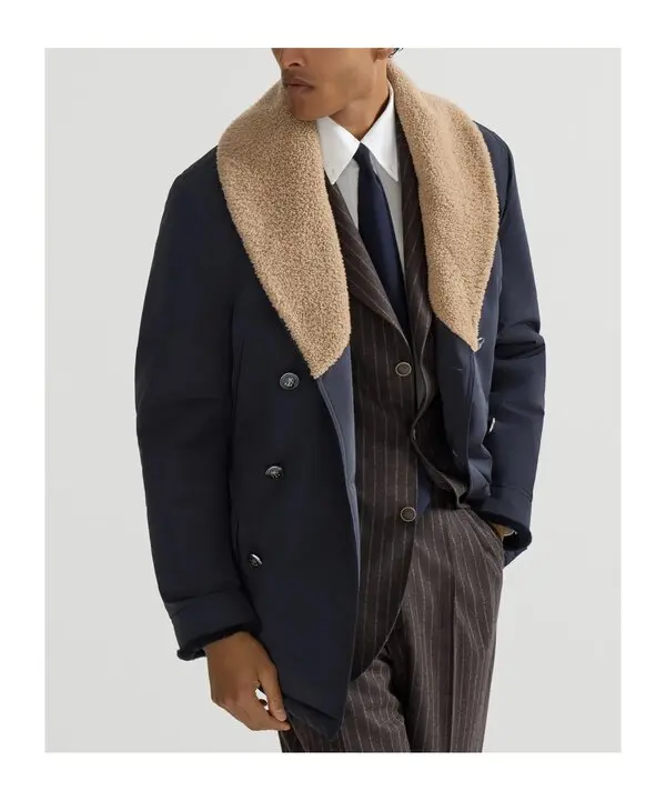 Brunello Cucinelli Bonded Nylon Double-breasted Coat With Shearling Lining