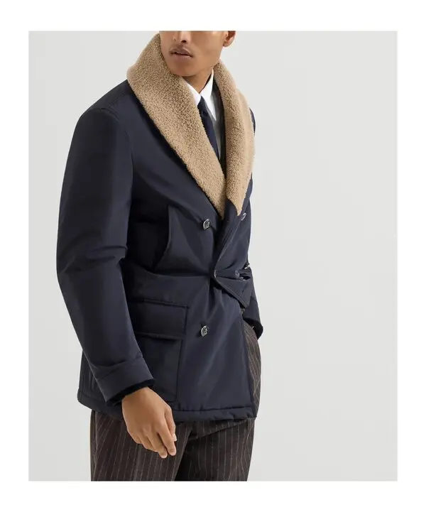 Brunello Cucinelli Bonded Nylon Double-breasted Coat With Shearling Lining