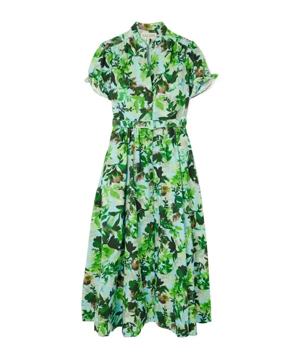 Saloni Belted Printed Cotton Midi Dress