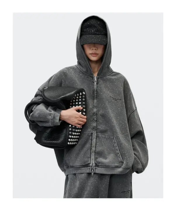 Alexander Wang Crystal Embellished Zip Up Hoodie - Washed Asphalt