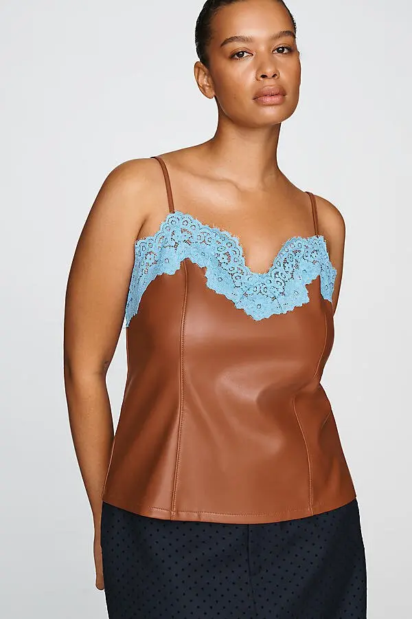Anthropologie Faux-leather Lace-trim Camisole Top - Brown
