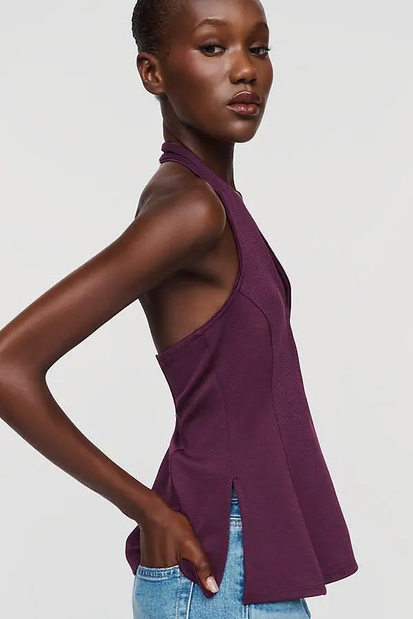 Maeve Brass Plunge Halter Tank Top - Dark Plum