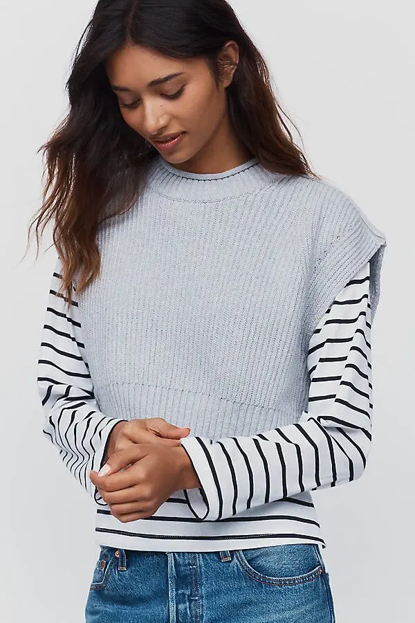 PILCRO Twofer Roll Neck Top - Light Grey