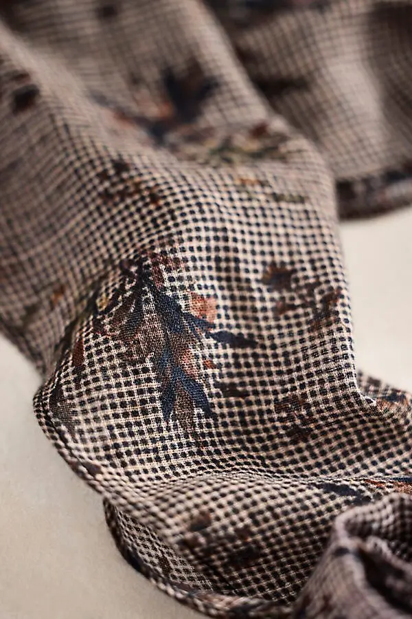 ELIZABETH GILLETT Ggham Floral Cotton Scarf - Brown