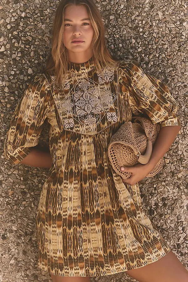 RO'S GARDEN Jamelia Cotton Mini Dress - Brown Pattern