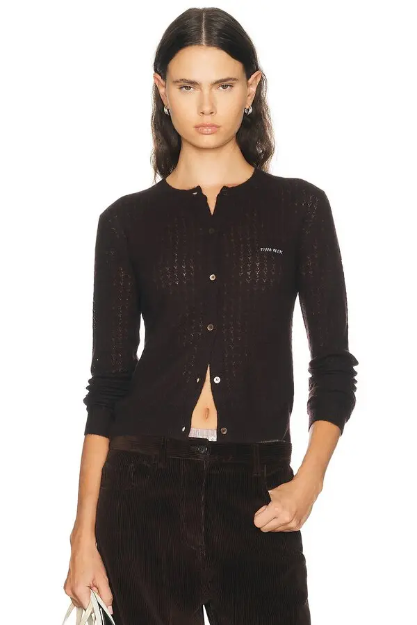 Miu Miu Cashmere Silk Pizzo Cardigan In Brown