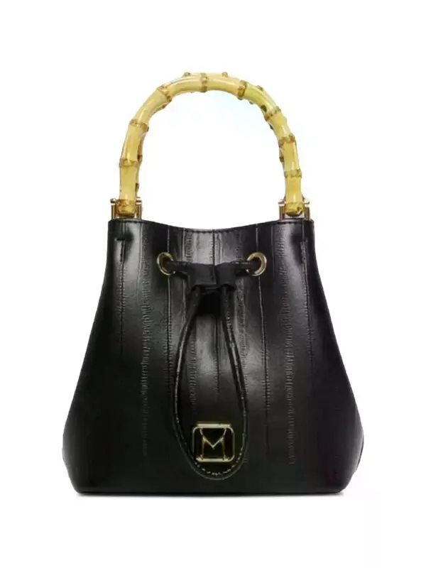 Marella Bamboo Handle Reptile Embossed Bucket Bag - Black