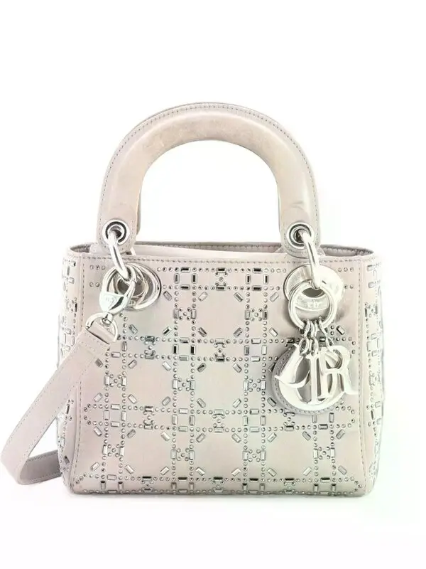 Dior Lady Bag Crystal Embellished Cannage Quilt Satin Mini Satchel - Grey