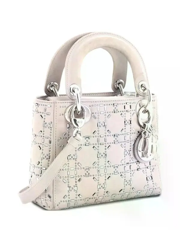 Dior Crystal Embellished Cannage Quilt Satin Mini Satchel - Grey