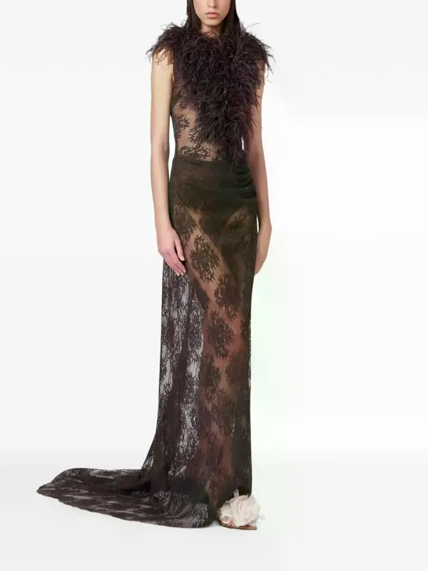 Giuseppe Di Morabito Feather-trim Lace-overlay Maxi Dress