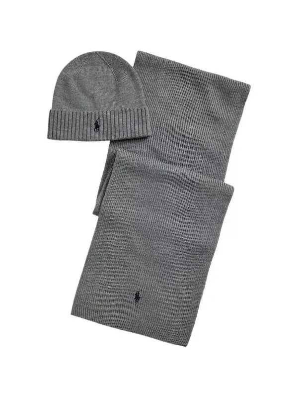 Polo Ralph Lauren Logo-embroidered Ribbed Beanie Hat And Scarf Set - Grey