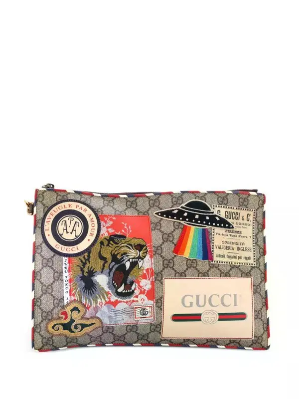 Gucci Courrier Pouch Gg Coated Canvas With Applique Clutch Bag