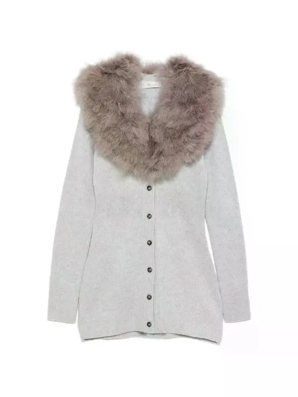 Blumarine Faux-fur Collar Ribbed Cardigan - Grey