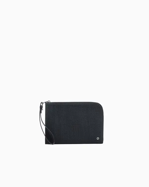 Giorgio Armani Leather Pouch With Wave Print And Wrist Strap - Black