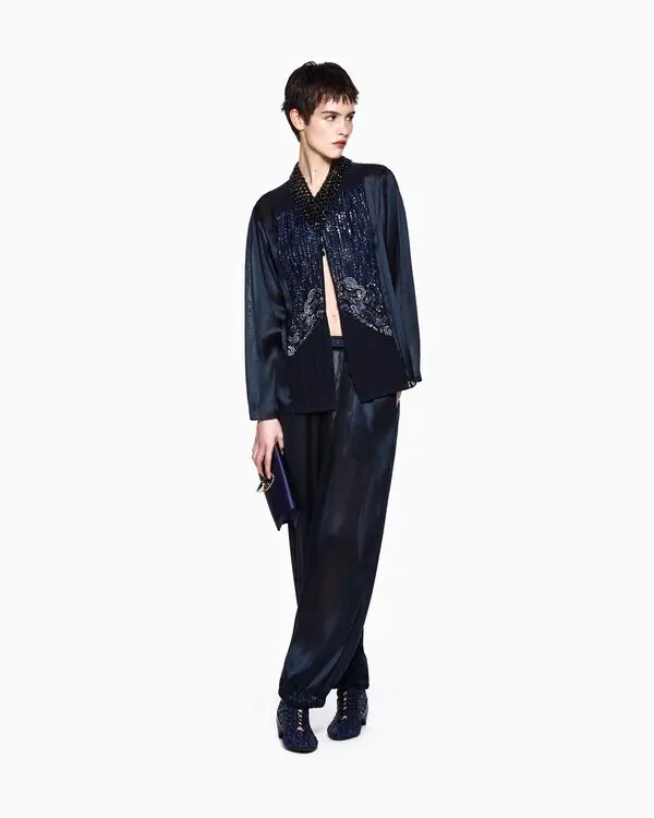 Giorgio Armani Oversized Lamé Silk Pants With Elastic Waist And Cuffs