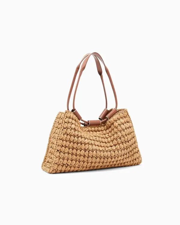 Giorgio Armani Medium Shopping Bag In Viscose Raffia And Smooth Leather