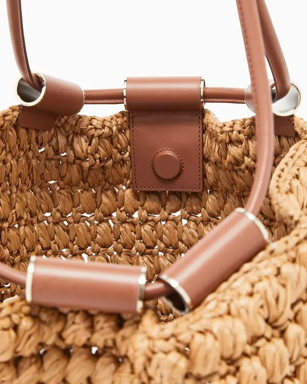 Giorgio Armani Medium Shopping Bag In Viscose Raffia And Smooth Leather