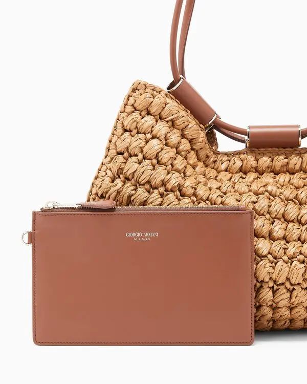 Giorgio Armani Medium Shopping Bag In Viscose Raffia And Smooth Leather