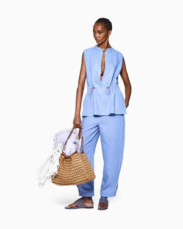 Giorgio Armani Medium Shopping Bag In Viscose Raffia And Smooth Leather