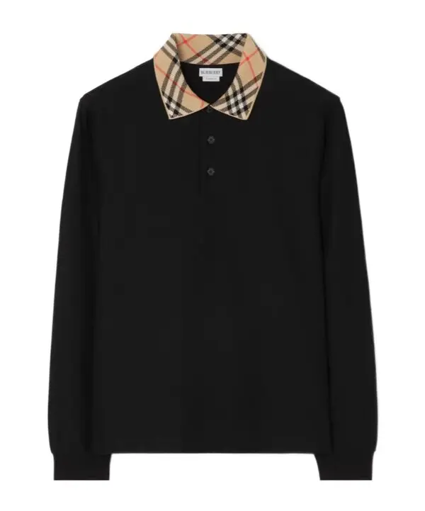 Burberry Long-sleeve Check Collar Cotton Polo Shirt - Black