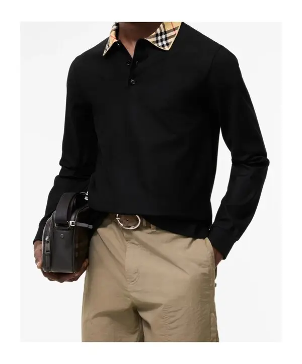 Burberry Long-sleeve Check Collar Cotton Polo Shirt