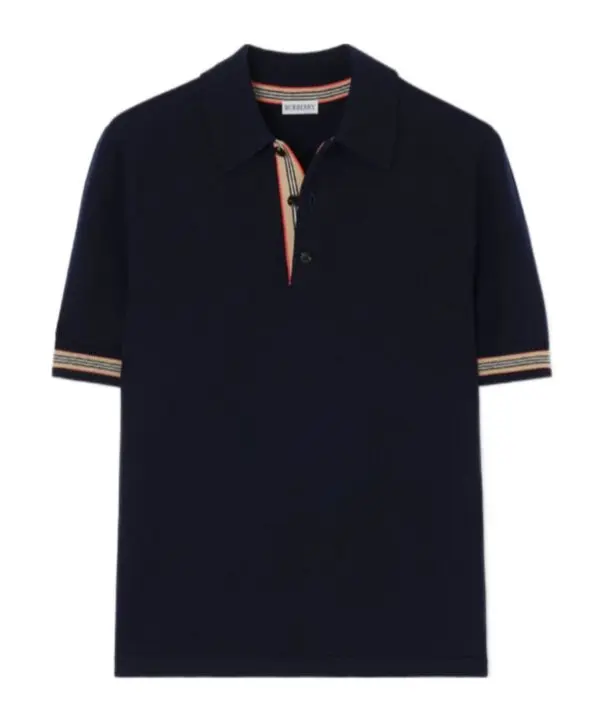 Burberry Icon Stripe Trim Wool Polo Shirt - Navy