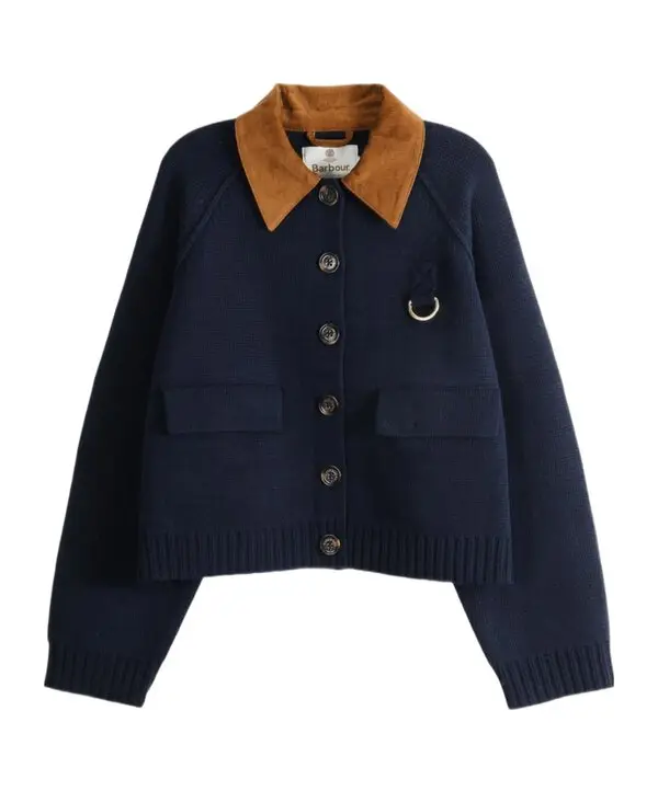 Barbour Contrast Collar Cropped Knit Jacket - Navy