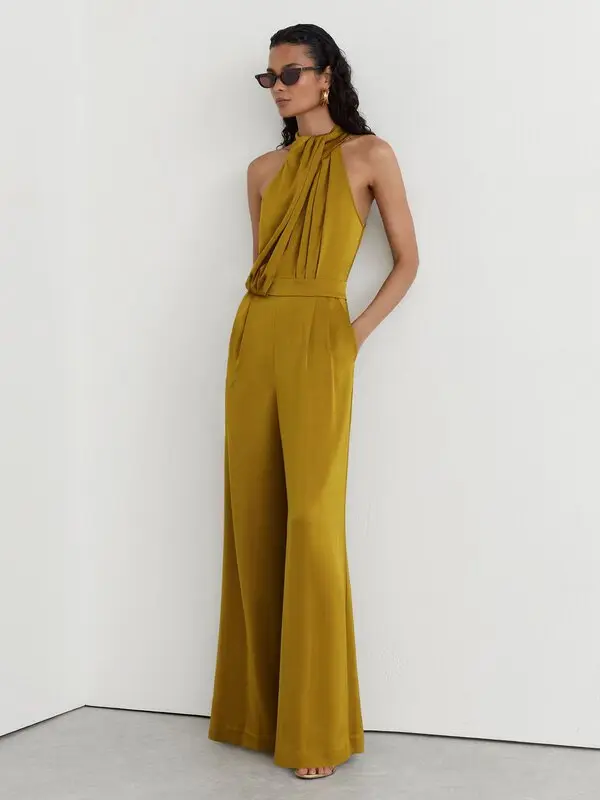 REISS Finley Petite Satin Draped Wide-leg Jumpsuit - Chartreuse Green