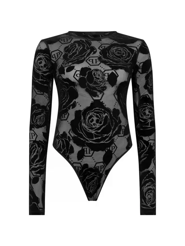 Philipp Plein Flock-flower Monogram-print Bodysuit