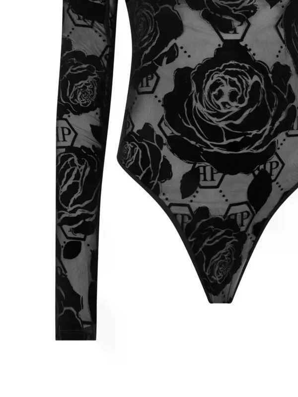 Philipp Plein Flock-flower Monogram-print Bodysuit