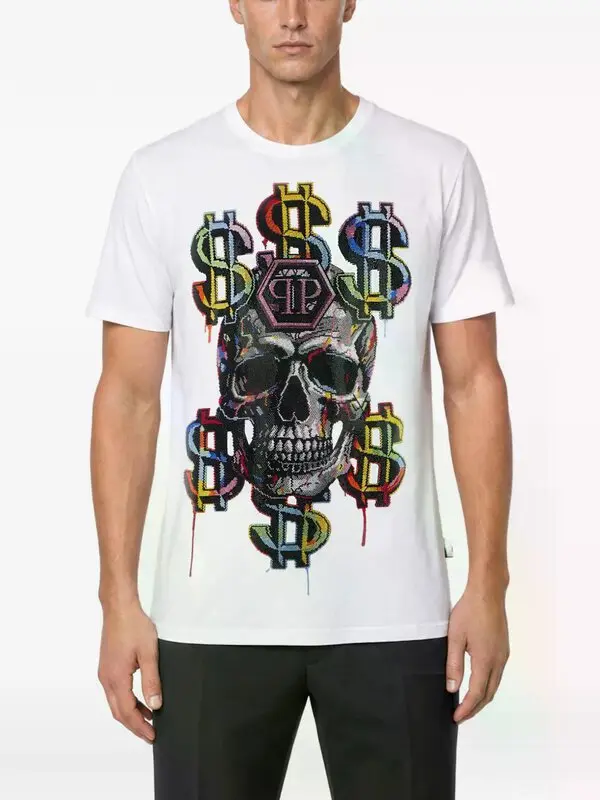 Philipp Plein Round Neck T-shirt Dollar Skull Stones