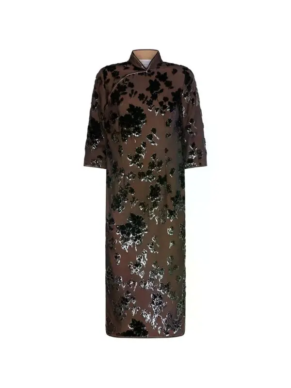 PIERRE-LOUIS MASCIA Floral Velvet Mandarin-collar Dress - Brown