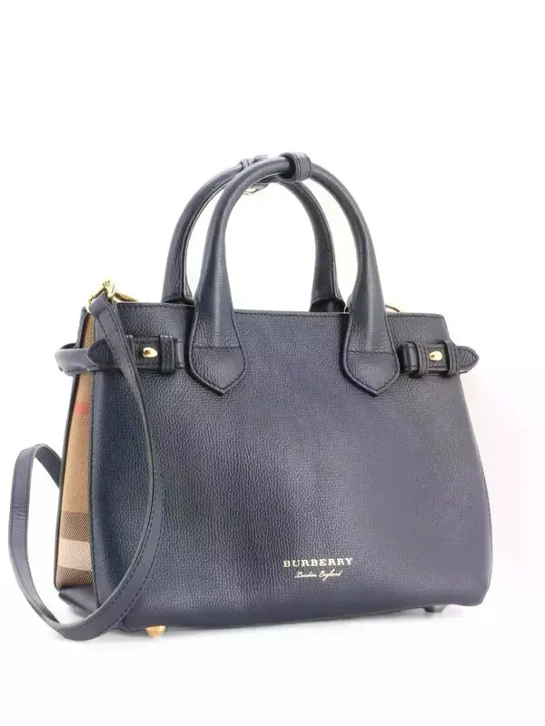 Burberry Banner Leather And House Check Canvas Small Tote Bag - Blue