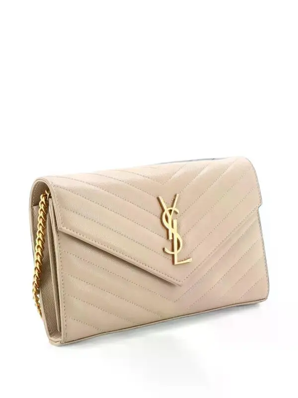 Saint Laurent Classic Monogram Wallet On Chain Matelasse Chevron Leather Medium Crossbody Bag - Neutrals
