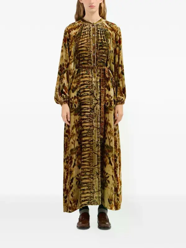 PIERRE-LOUIS MASCIA Velvet Abstract Print Ruffled Maxi Shirt Dress - Yellow