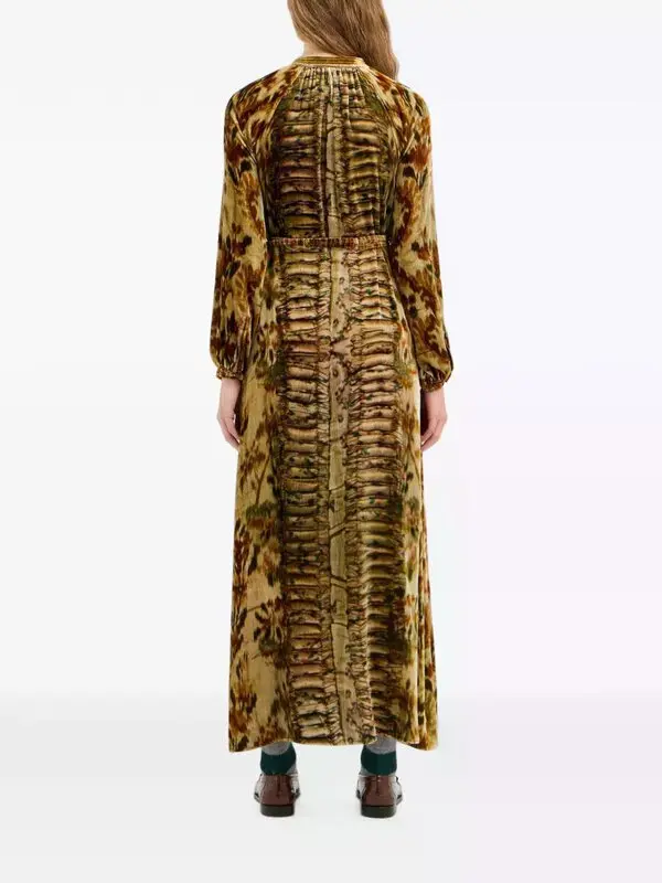 PIERRE-LOUIS MASCIA Velvet Abstract Print Ruffled Maxi Shirt Dress - Yellow