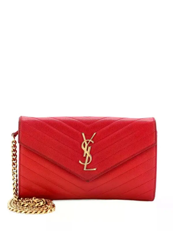 Saint Laurent Classic Monogram Wallet On Chain Matelasse Chevron Leather Medium Crossbody Bag - Red
