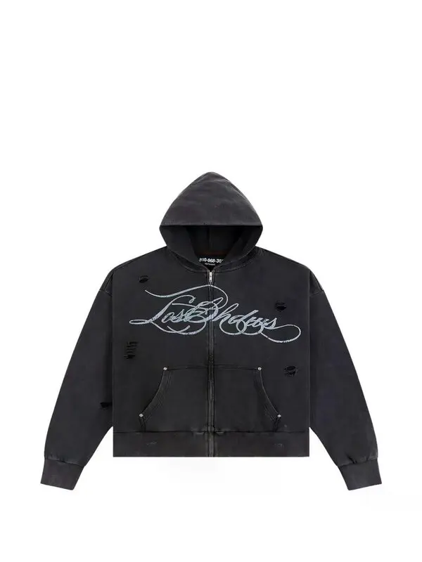 LOSTSHDWS Script-print Distressed Zip-up Hoodie
