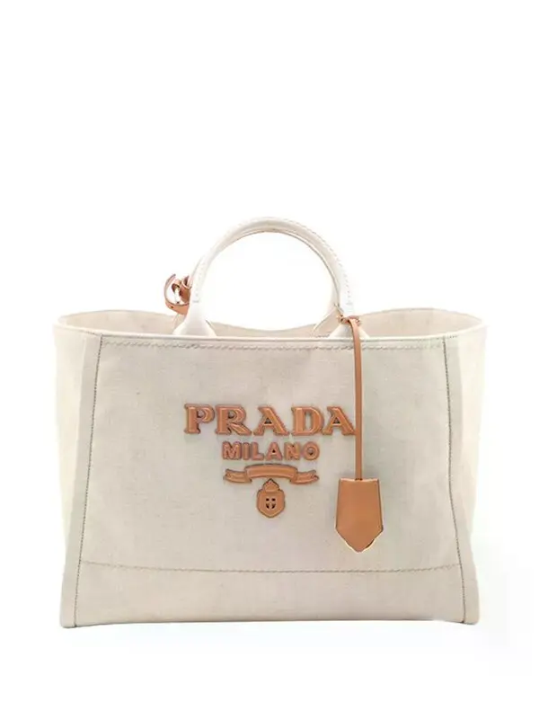 Prada 2000-2013 Large Linen And Vitello Logo Tote Bag - Neutrals