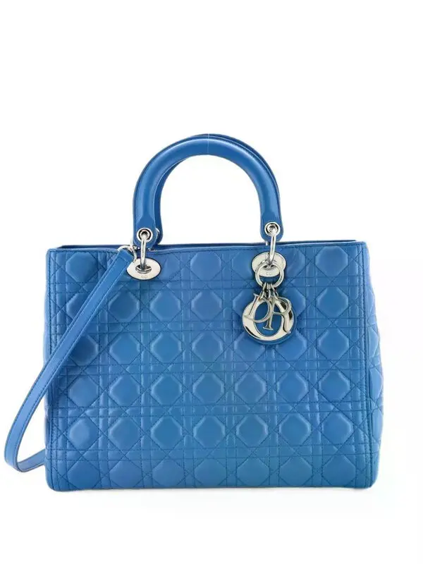 Dior Vintage Lady Bag Cannage Quilt Lambskin Large Satchel - Blue